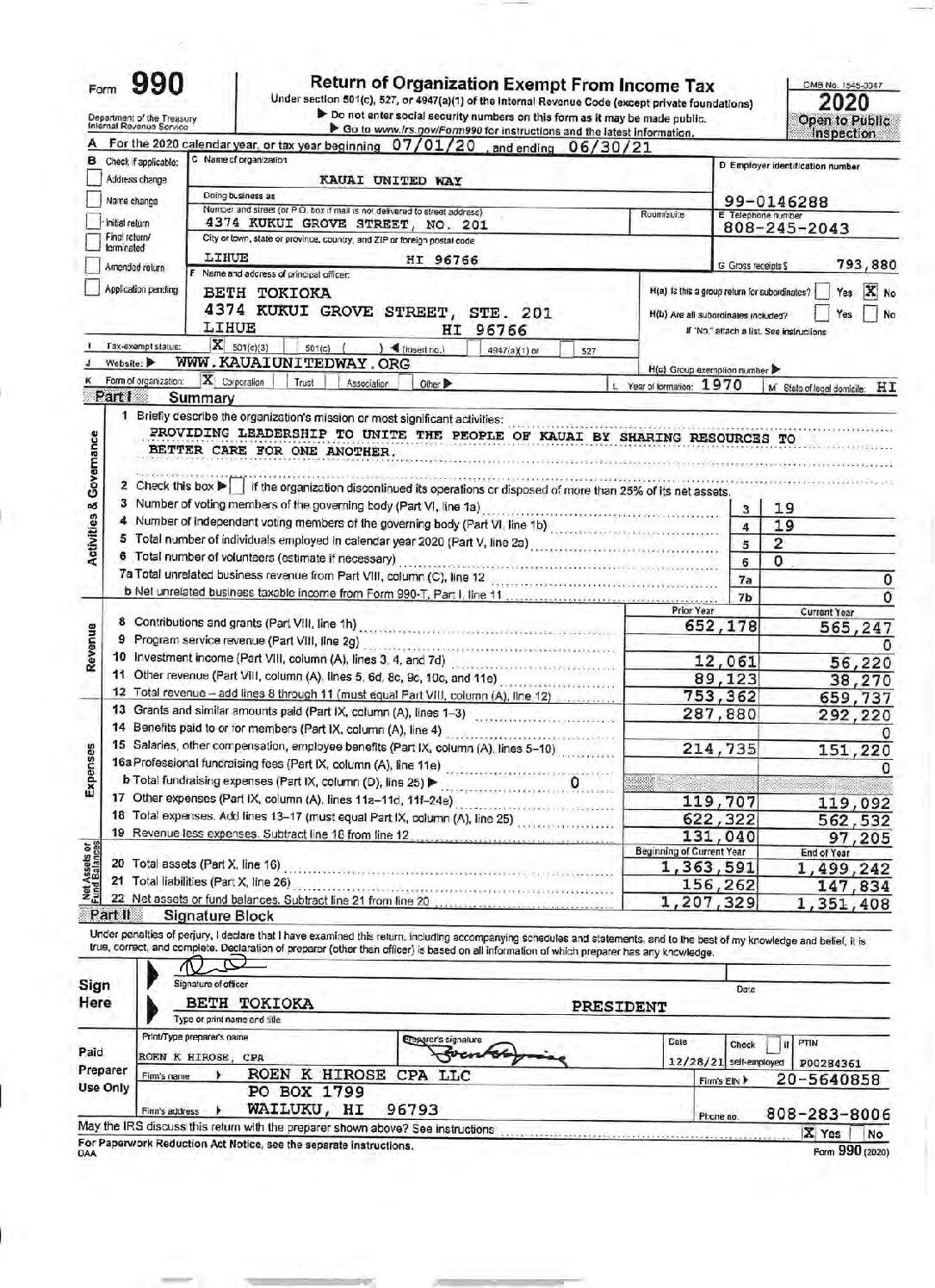 KUW Form 990 6-30-21 signed final NO SCH B reduced size - Kauai United Way